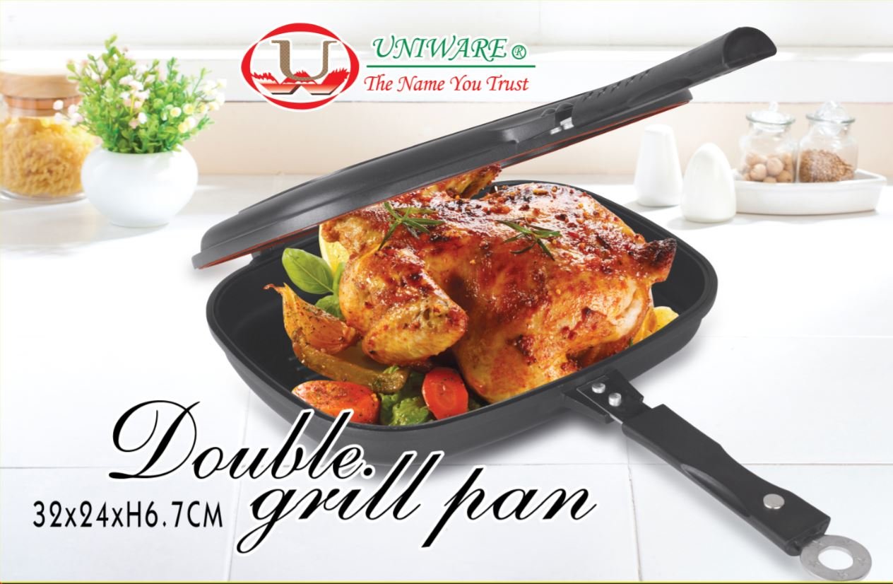 Uniware® Super Quality Non-Stick Coating Double Grill Pan, Rectangular, Magnetic Bakelite Handle, 12.6 x 9.6 x 2.6 Inch