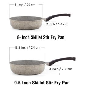 Cook N Home Nonstick Saute Skillet Pans 8 inch + 9.5 inch 2pc Set, Ceramic Marble Coating Deep Frying Pan Wok Stir-Fry Sauté Pan, Earth