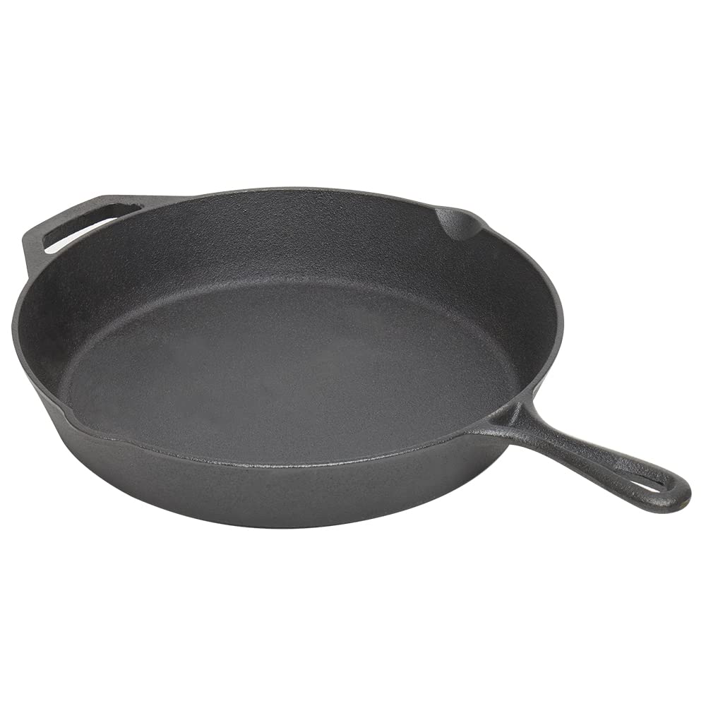 Home Basics 12" Cast Iron Skillet (Black) Frying Pan For Pancakes, Meat, and Fish | Large Skillet For Stovetop and Campfire | Nonstick With Pour Spouts