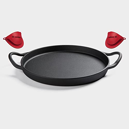 M-COOKER Pre-Seaoned Pizza Pan Cast Iron 12 Inch Dual Loop Handle Skillet with Two Silicone Handles