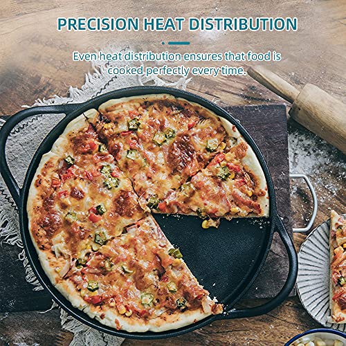 M-COOKER Pre-Seaoned Pizza Pan Cast Iron 12 Inch Dual Loop Handle Skillet with Two Silicone Handles