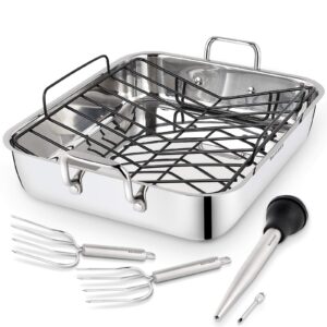 rorence roasting pan with rack: 16-inch stainless steel rectangular turkey roaster pan with nonstick v-shaped rack for thanksgiving christmas – set of 5