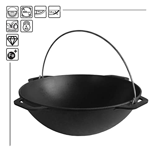 Kazan Mangal Uzbek 12 L Cast Iron Pot Plov Pilaf Making Cookware Insulated Double Handle Dish Heavy Duty Oven with Lid Frying Dutch Pan