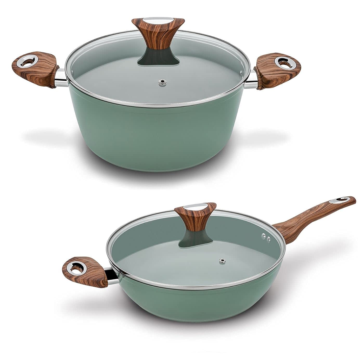 Phantom Chef Bundle: 11" Deep Frypan & 4.4 QT Casserole Stockpot | Aluminum Body Non-Stick Ceramic Coating | With Soft Touch Stay Cool Handle | Dishwasher Safe | Non-Toxic PFOA & PTFE Free Pan | Green