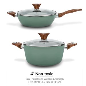 Phantom Chef Bundle: 11" Deep Frypan & 4.4 QT Casserole Stockpot | Aluminum Body Non-Stick Ceramic Coating | With Soft Touch Stay Cool Handle | Dishwasher Safe | Non-Toxic PFOA & PTFE Free Pan | Green