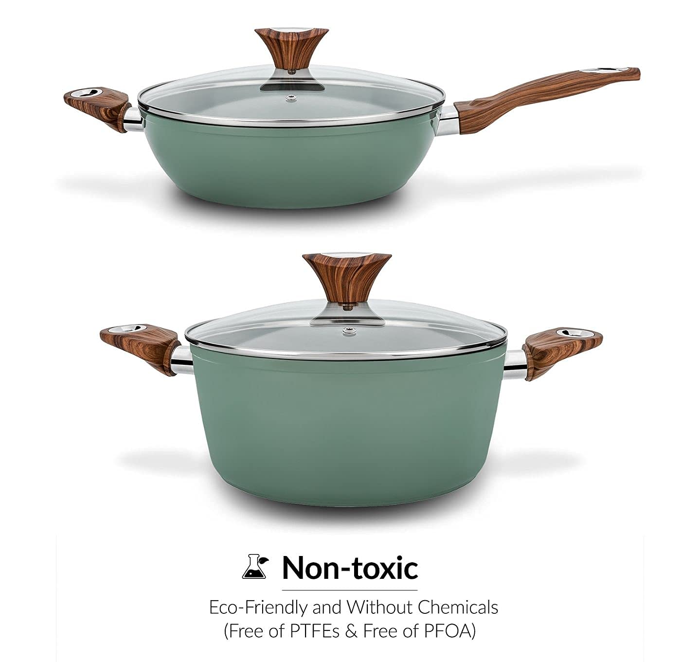 Phantom Chef Bundle: 11" Deep Frypan & 4.4 QT Casserole Stockpot | Aluminum Body Non-Stick Ceramic Coating | With Soft Touch Stay Cool Handle | Dishwasher Safe | Non-Toxic PFOA & PTFE Free Pan | Green