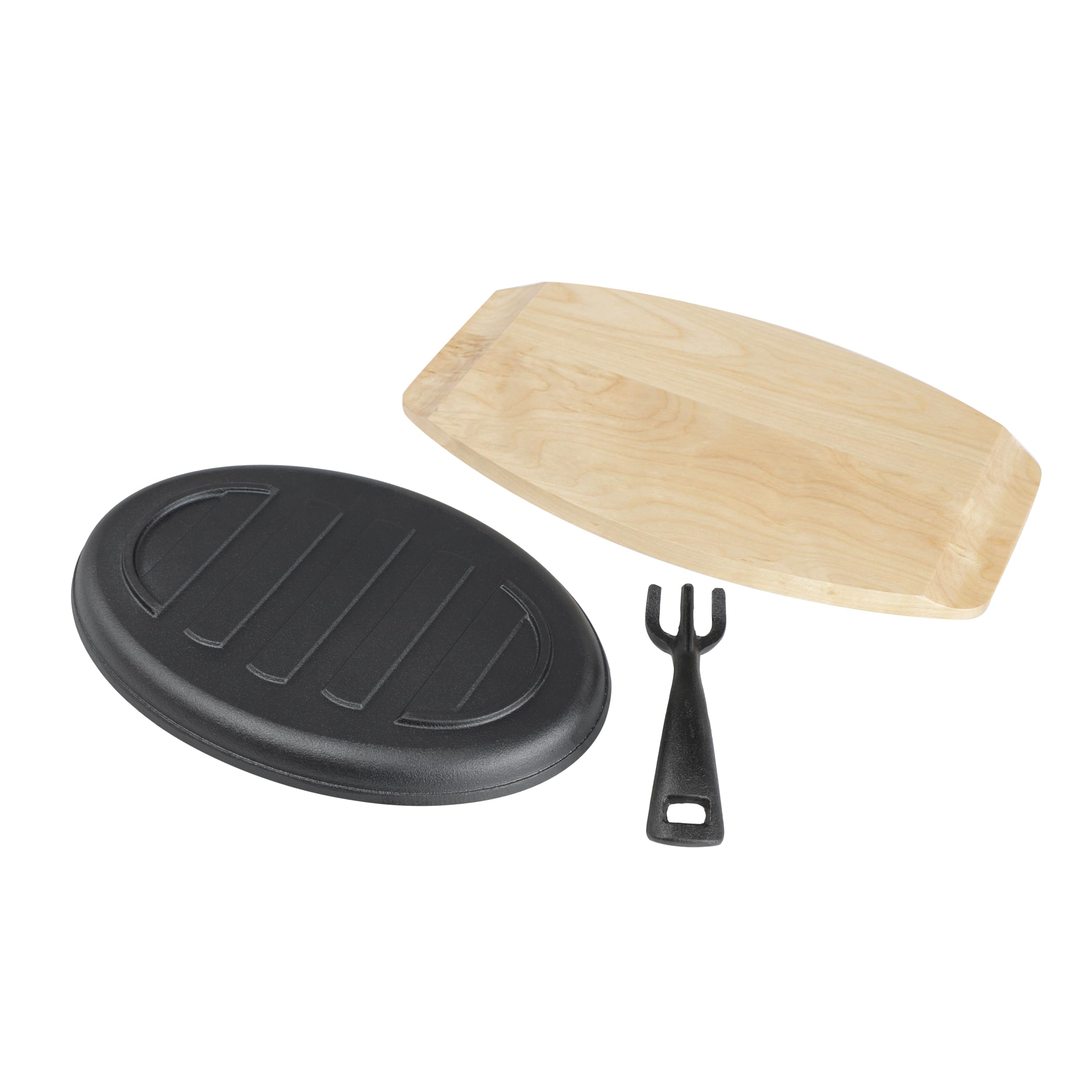 Lot45 Cast Iron Fajita Sizzling Pan- 10in Hot Dish Sizzling Plate Serving Platter with Wooden Base Plate, Steak Skillet