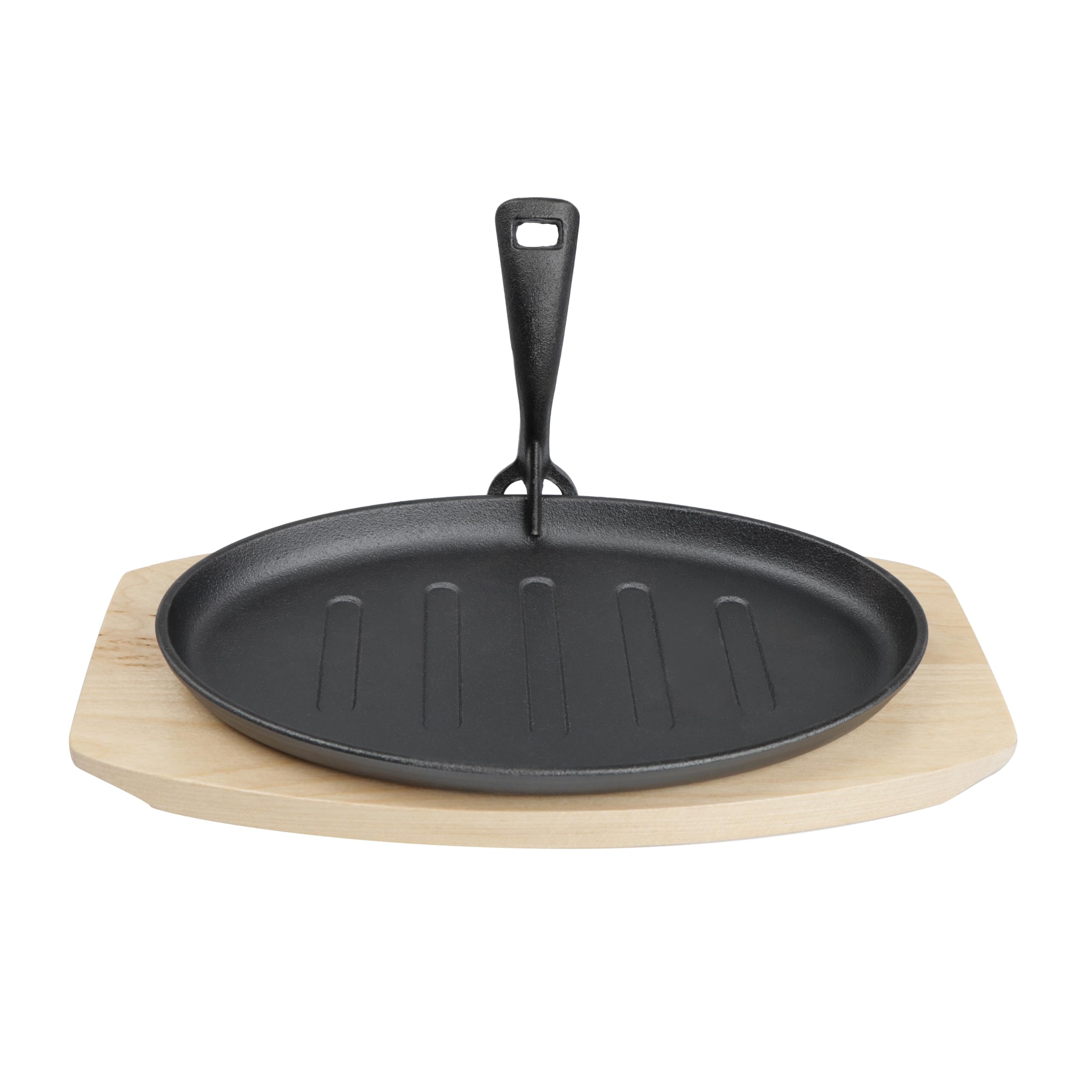 Lot45 Cast Iron Fajita Sizzling Pan- 10in Hot Dish Sizzling Plate Serving Platter with Wooden Base Plate, Steak Skillet