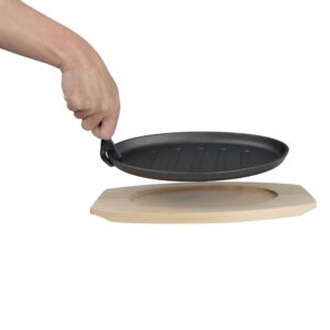 Lot45 Cast Iron Fajita Sizzling Pan- 10in Hot Dish Sizzling Plate Serving Platter with Wooden Base Plate, Steak Skillet