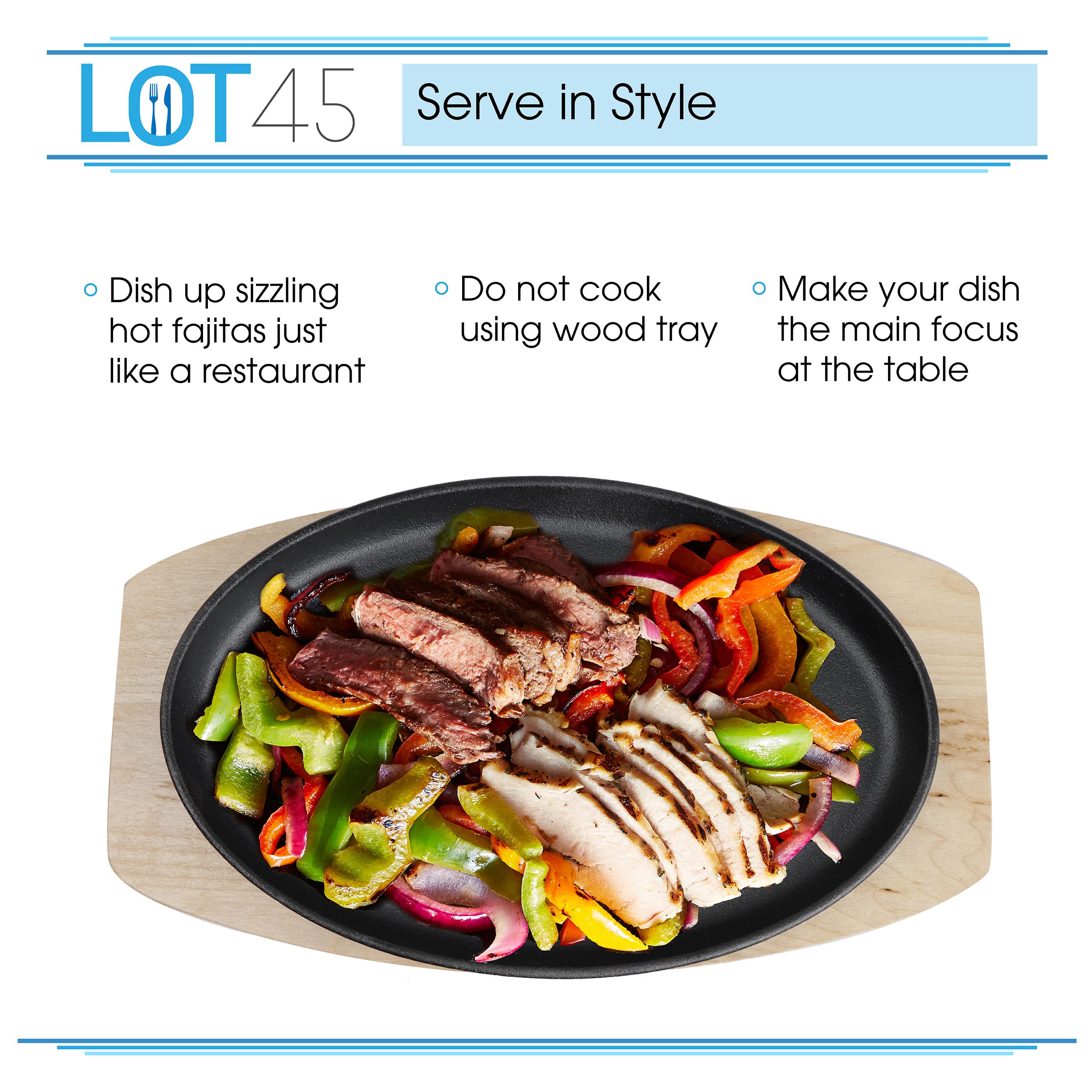 Lot45 Cast Iron Fajita Sizzling Pan- 10in Hot Dish Sizzling Plate Serving Platter with Wooden Base Plate, Steak Skillet