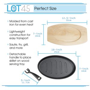 Lot45 Cast Iron Fajita Sizzling Pan- 10in Hot Dish Sizzling Plate Serving Platter with Wooden Base Plate, Steak Skillet