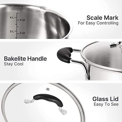 QStar 5.01 qt Stainless Steel Aluminum Nonstick Stock Pot with Glass Lid and Stay Cool Handle