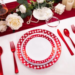 Morejoy 150PCS Christmas Plates Plastic - Red White Plastic Plates Disposable, Includes: 25 Dessert Plates, 25 Dinner Plates, 25 Knives, 25Forks, 25 Spoons, 25Cups Perfect for Chrismtas Party