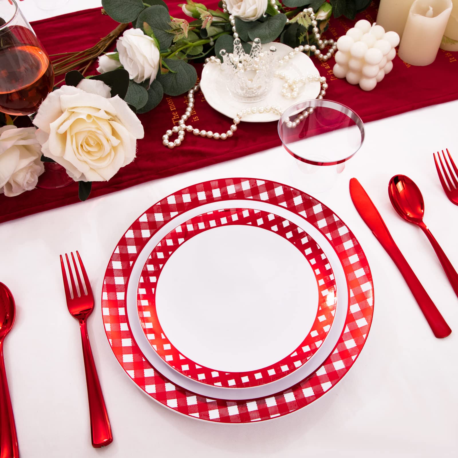 Morejoy 150PCS Christmas Plates Plastic - Red White Plastic Plates Disposable, Includes: 25 Dessert Plates, 25 Dinner Plates, 25 Knives, 25Forks, 25 Spoons, 25Cups Perfect for Chrismtas Party