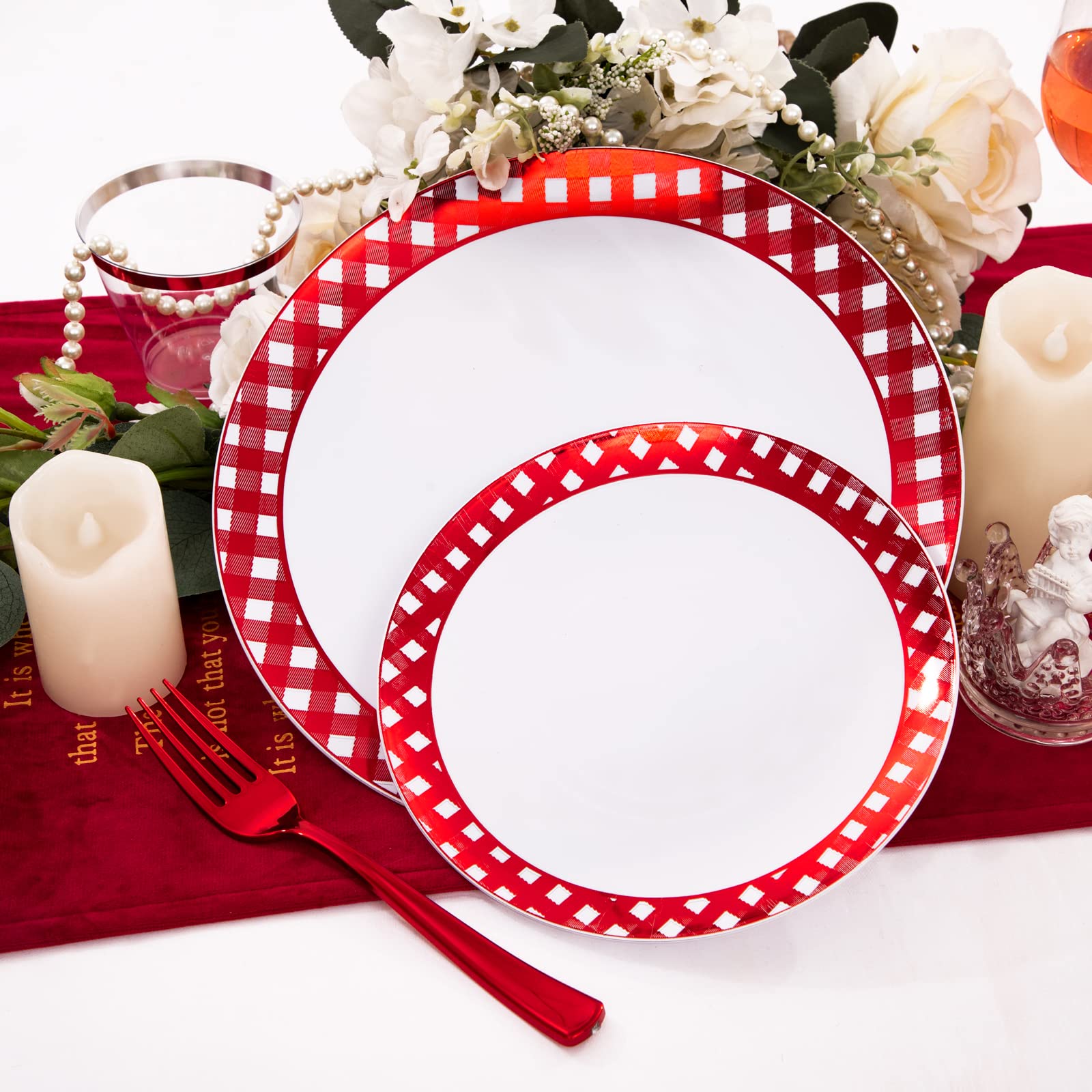 Morejoy 150PCS Christmas Plates Plastic - Red White Plastic Plates Disposable, Includes: 25 Dessert Plates, 25 Dinner Plates, 25 Knives, 25Forks, 25 Spoons, 25Cups Perfect for Chrismtas Party