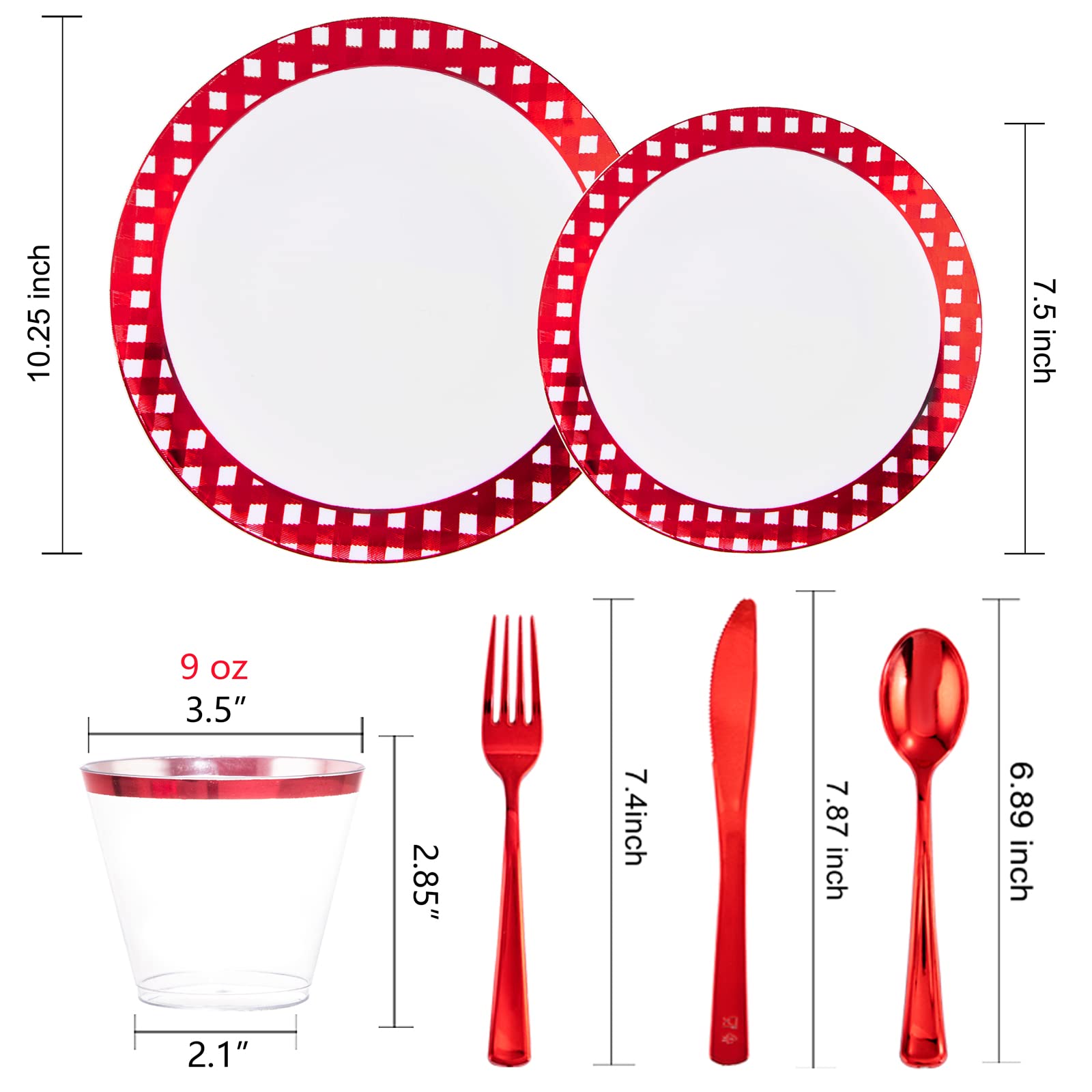 Morejoy 150PCS Christmas Plates Plastic - Red White Plastic Plates Disposable, Includes: 25 Dessert Plates, 25 Dinner Plates, 25 Knives, 25Forks, 25 Spoons, 25Cups Perfect for Chrismtas Party