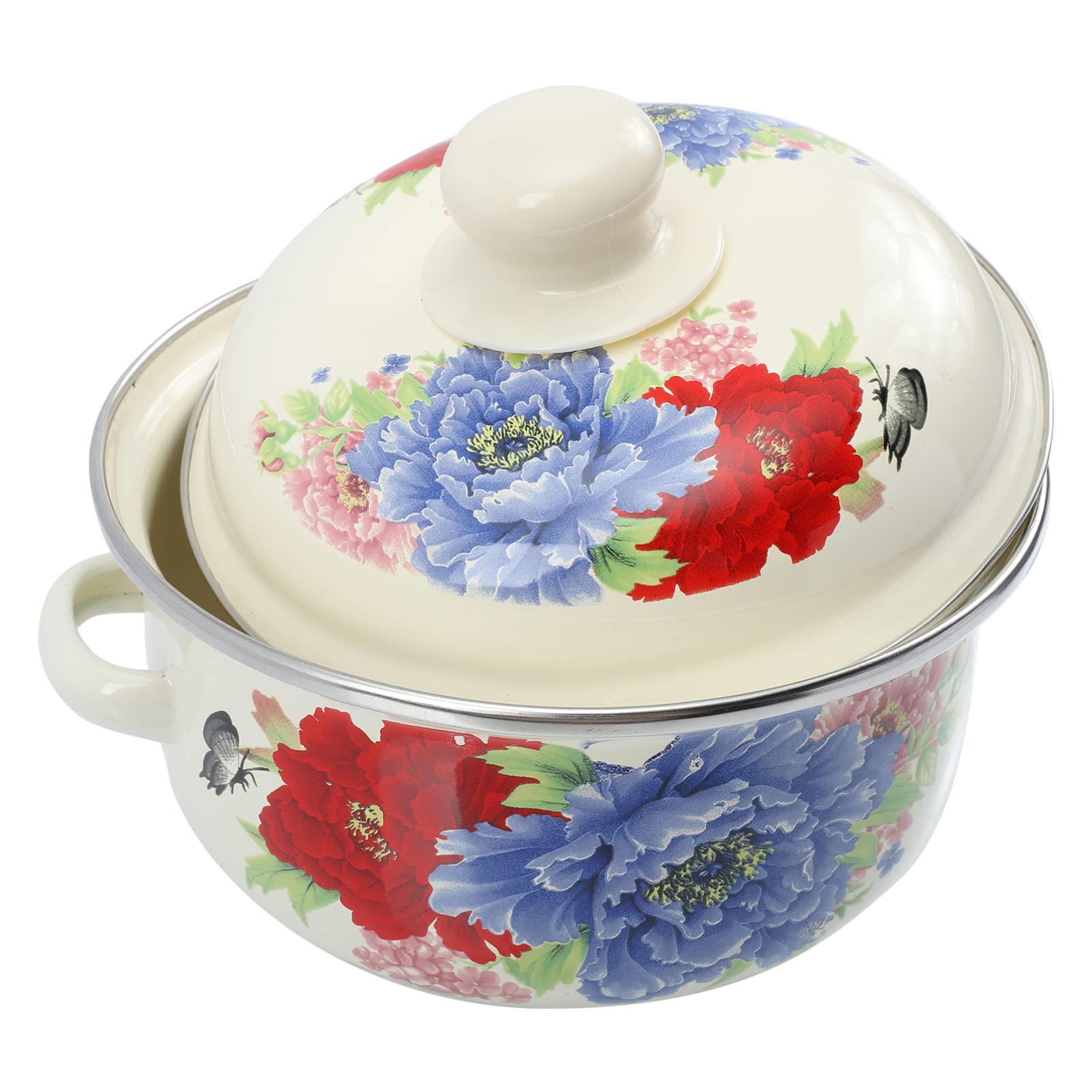 YARNOW Household Soup Pot Enamel Stock Pot with Lid, 1PC Enamel Pot Flowers Enamel Cooking Pot Enameled Pot, Blue Household Kitchenware