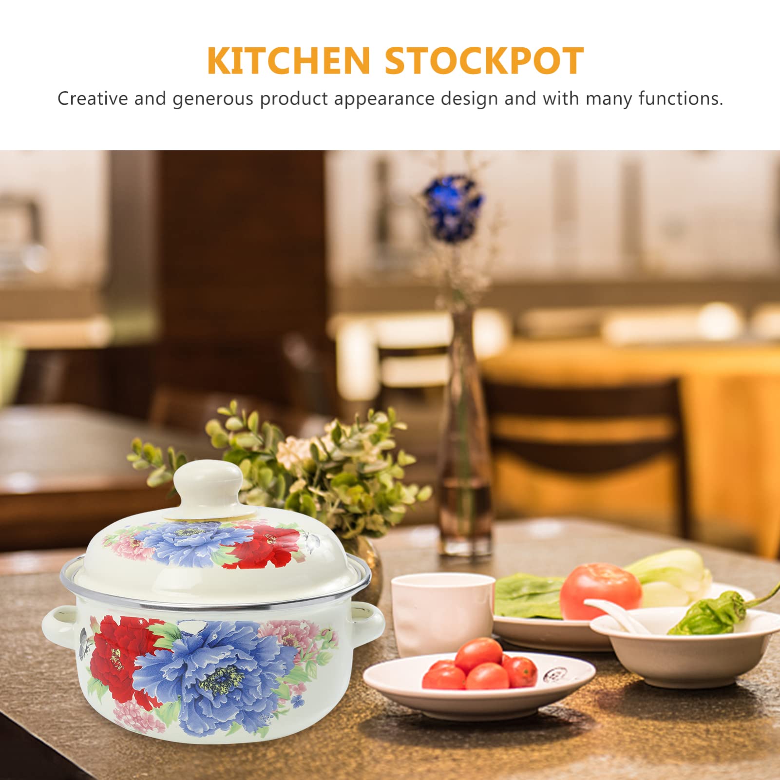 YARNOW Household Soup Pot Enamel Stock Pot with Lid, 1PC Enamel Pot Flowers Enamel Cooking Pot Enameled Pot, Blue Household Kitchenware