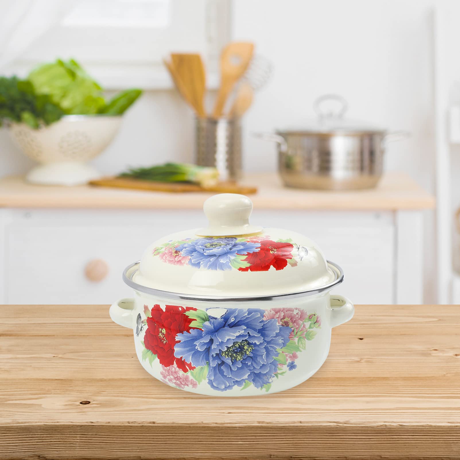 YARNOW Household Soup Pot Enamel Stock Pot with Lid, 1PC Enamel Pot Flowers Enamel Cooking Pot Enameled Pot, Blue Household Kitchenware