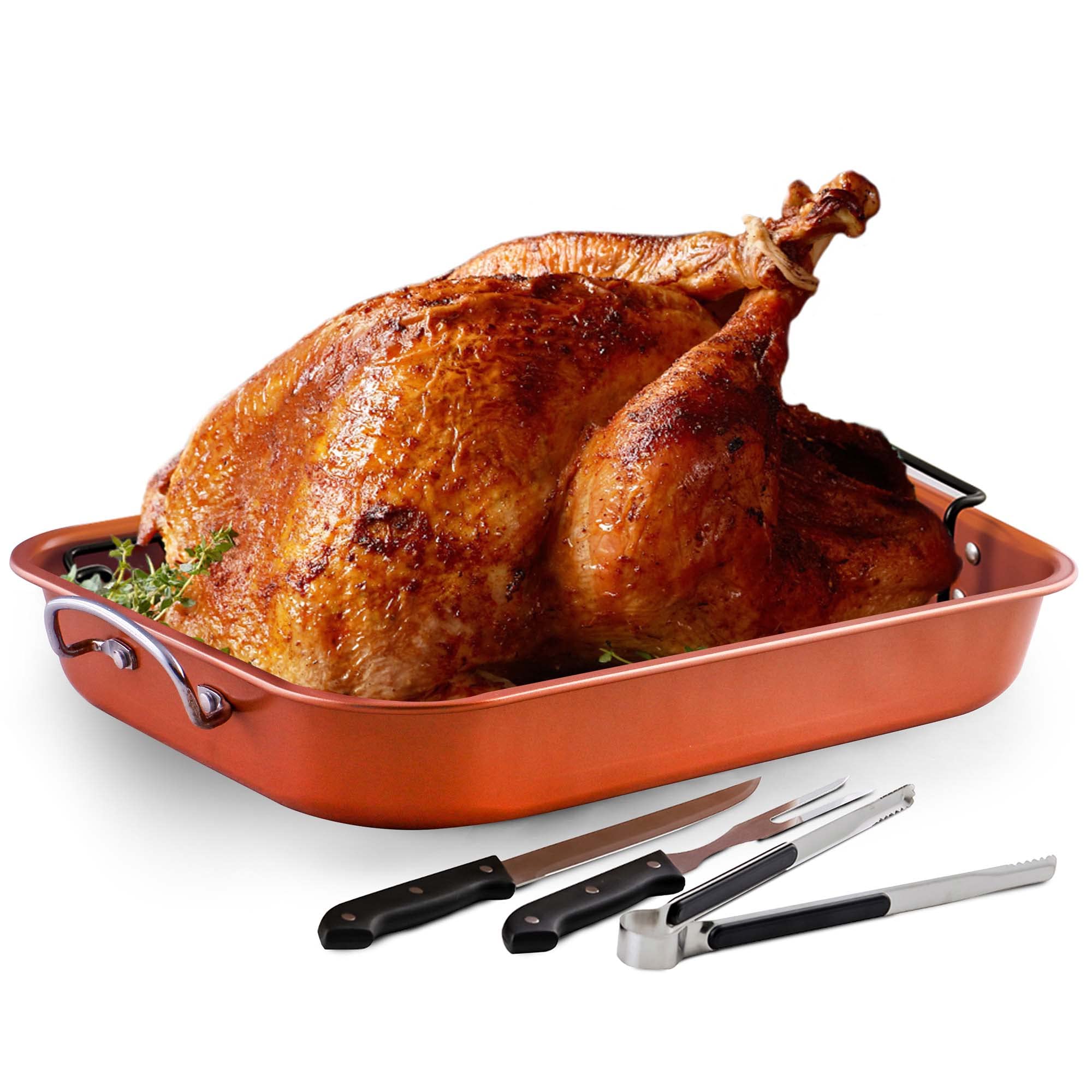 OVENTE Kitchen Oven Roasting Pan Nonstick Carbon Steel Baking Tray with V-Shaped Design Rack and Carving Knife Set, Easy Clean Dishwasher Safe & Cooking Roasting Turkey, Chicken, Copper CWR24619CO