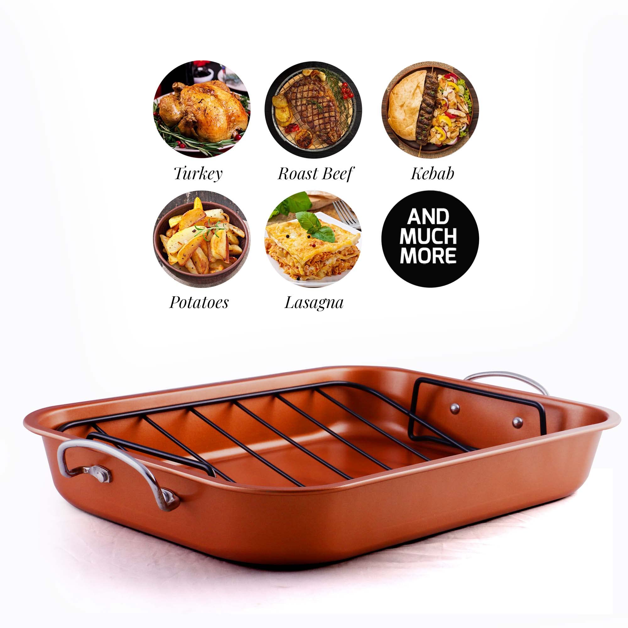 OVENTE Kitchen Oven Roasting Pan Nonstick Carbon Steel Baking Tray with V-Shaped Design Rack and Carving Knife Set, Easy Clean Dishwasher Safe & Cooking Roasting Turkey, Chicken, Copper CWR24619CO