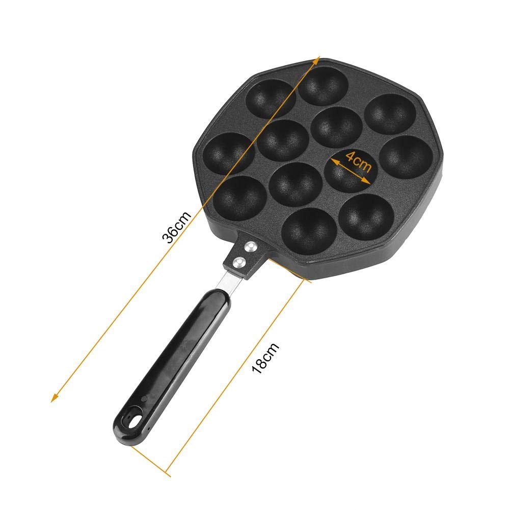 Junluck Non-Stick Pancake Pan, 12 Cavities Aluminum Baking with Plastic Handle & Hanging Hole, Grill Pan Plate for Takoyaki Octopus Ball(Black)