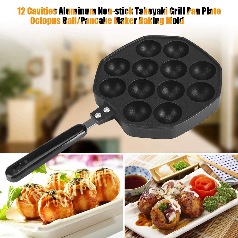 Junluck Non-Stick Pancake Pan, 12 Cavities Aluminum Baking with Plastic Handle & Hanging Hole, Grill Pan Plate for Takoyaki Octopus Ball(Black)