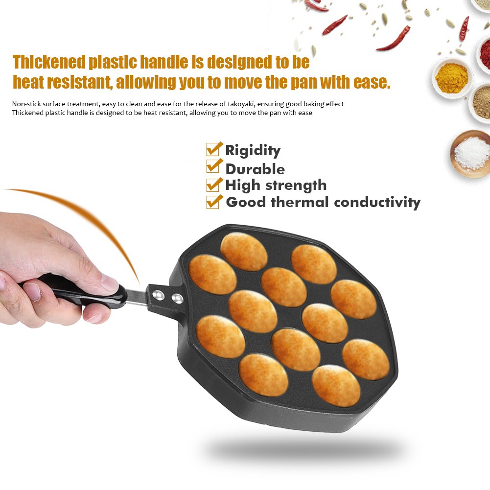 Junluck Non-Stick Pancake Pan, 12 Cavities Aluminum Baking with Plastic Handle & Hanging Hole, Grill Pan Plate for Takoyaki Octopus Ball(Black)