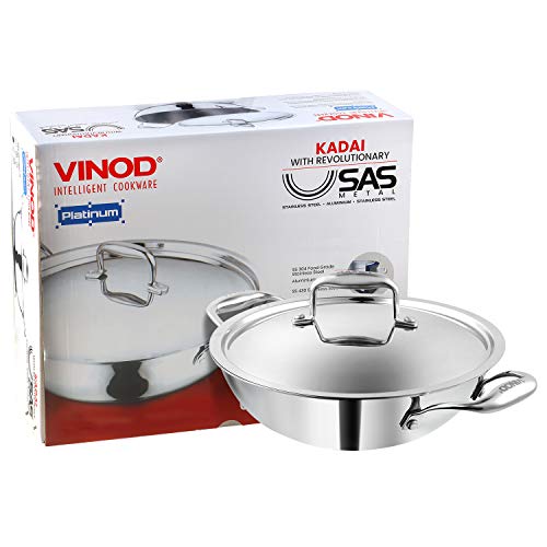 Vinod Platinum Triply Stainless Steel Kadai with Lid: Diameter- 22 cm, Capacity 1.8 Liter (1.9 Quarts)