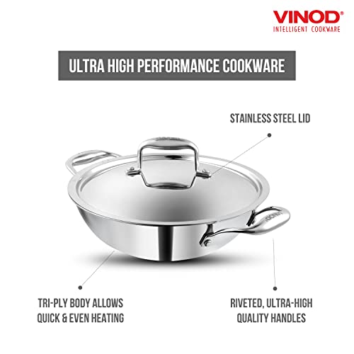 Vinod Platinum Triply Stainless Steel Kadai with Lid: Diameter- 22 cm, Capacity 1.8 Liter (1.9 Quarts)