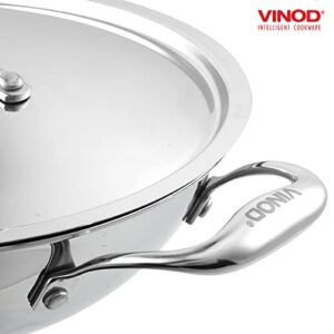 Vinod Platinum Triply Stainless Steel Kadai with Lid: Diameter- 22 cm, Capacity 1.8 Liter (1.9 Quarts)