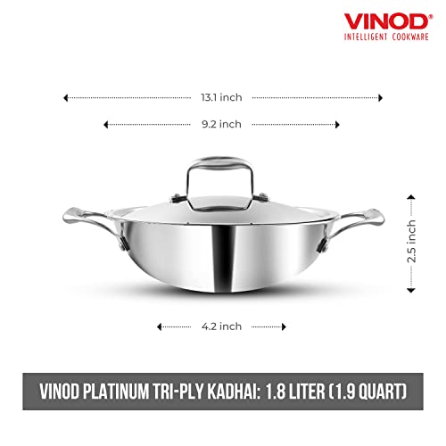 Vinod Platinum Triply Stainless Steel Kadai with Lid: Diameter- 22 cm, Capacity 1.8 Liter (1.9 Quarts)