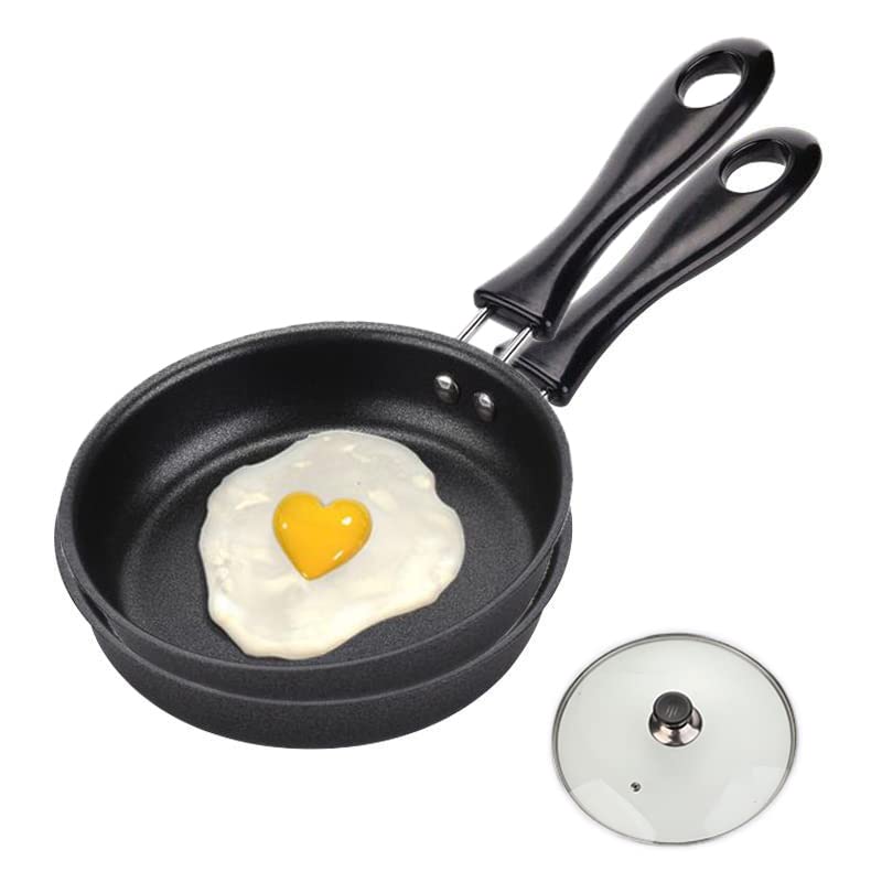 HEMASN 2 Pcs Mini Cast Iron Skillet 4.7 Inch Round Non Stick Fry Pan Single Egg Frying Pan with 2 Lids & Heat Resistant Handlefor Cooking Baking Cookie Brownie