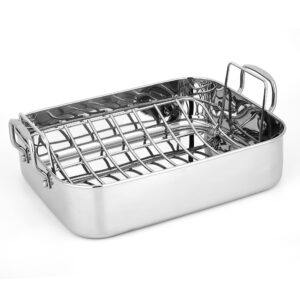 roasting pan with polished rack, wide handle, and stainless steel lid, turkey chicken roasting pan great for thanksgiving dinners, tender roast, deep dishes, and more