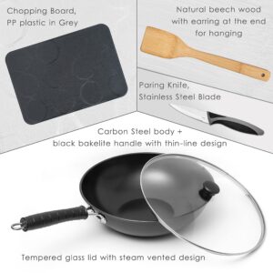 Moss & Stone 5 Pcs Carbon Wok Set, Carbon Steel Wok Pan 12 Inch Woks and Stir Fry Pans, Chinese Wok For Electric, Induction & Gas Stove With Glass Lid, Wok Spatula, Chopping Board & Paring Knife