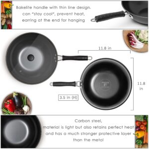 Moss & Stone 5 Pcs Carbon Wok Set, Carbon Steel Wok Pan 12 Inch Woks and Stir Fry Pans, Chinese Wok For Electric, Induction & Gas Stove With Glass Lid, Wok Spatula, Chopping Board & Paring Knife