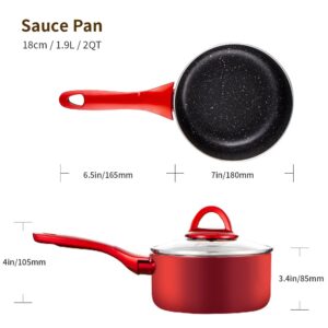 N++A Saucepan with Lid 2 quart, Nonstick Sauce Pans for All Stoves, 100% Non-toxic Small Pot, Red Saucier, Dishwasher Safe, Induction