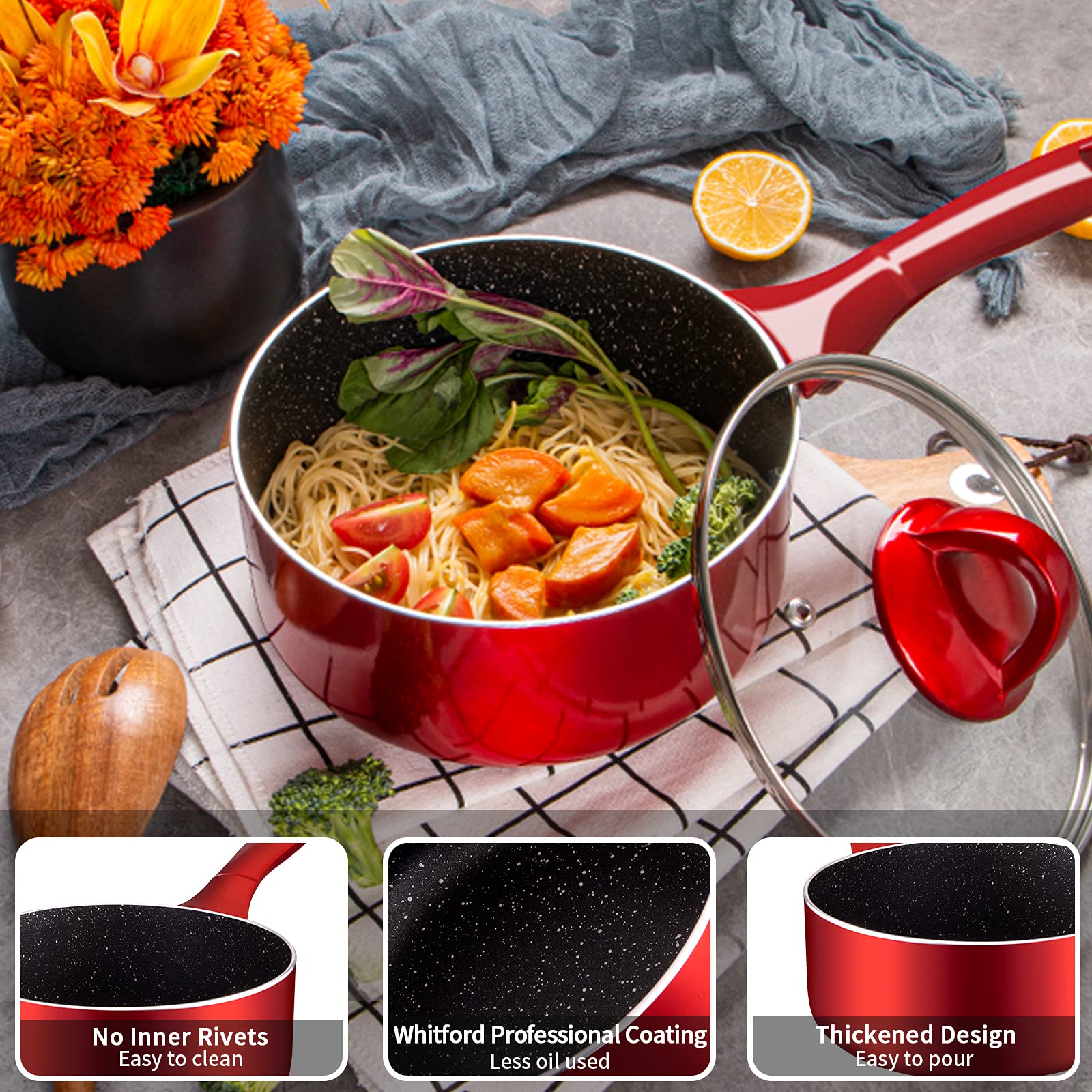 N++A Saucepan with Lid 2 quart, Nonstick Sauce Pans for All Stoves, 100% Non-toxic Small Pot, Red Saucier, Dishwasher Safe, Induction