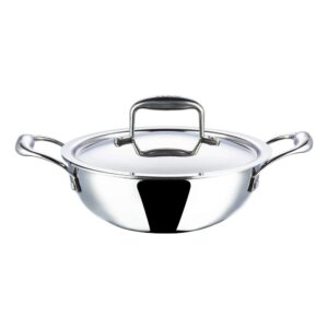 vinod platinum kadai triply stainless steel | suitable for indian cooking, sauces, stews, soups | deep/extra deep kadai with lid | induction, electric friendly (extra deep kadai, 18cm)