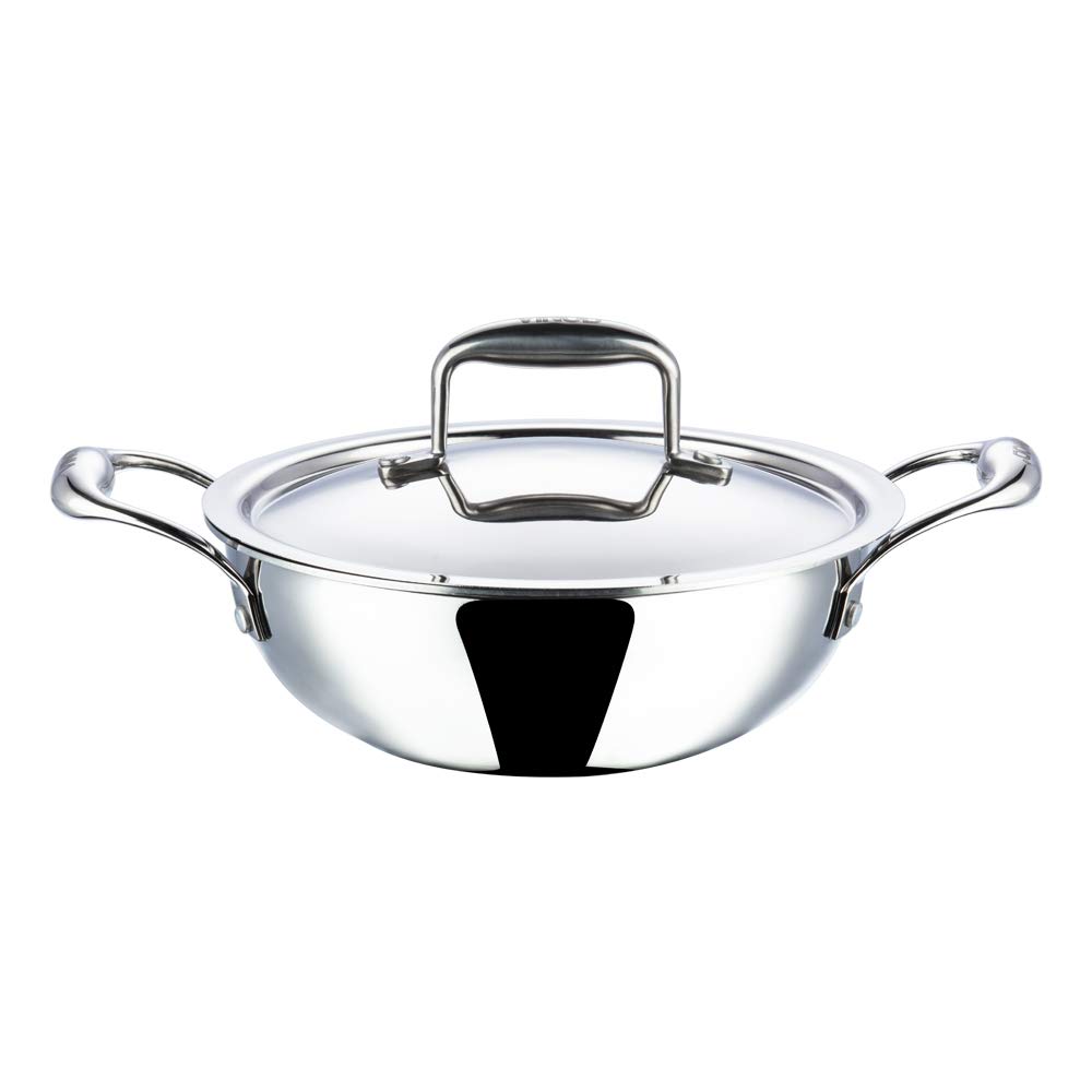 Vinod Platinum Kadai Triply Stainless Steel | Suitable For Indian Cooking, Sauces, Stews, Soups | Deep/Extra Deep Kadai With Lid | Induction, Electric Friendly (Extra Deep Kadai, 18cm)