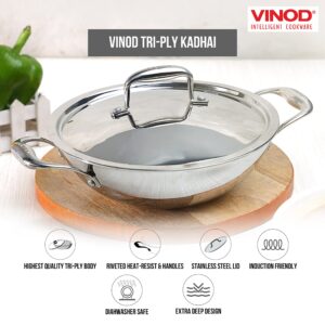 Vinod Platinum Kadai Triply Stainless Steel | Suitable For Indian Cooking, Sauces, Stews, Soups | Deep/Extra Deep Kadai With Lid | Induction, Electric Friendly (Extra Deep Kadai, 18cm)