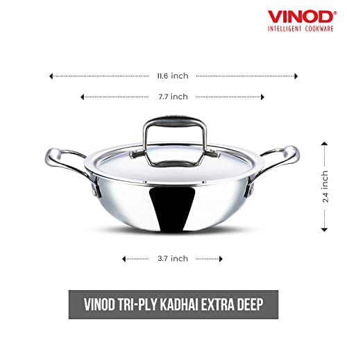 Vinod Platinum Kadai Triply Stainless Steel | Suitable For Indian Cooking, Sauces, Stews, Soups | Deep/Extra Deep Kadai With Lid | Induction, Electric Friendly (Extra Deep Kadai, 18cm)