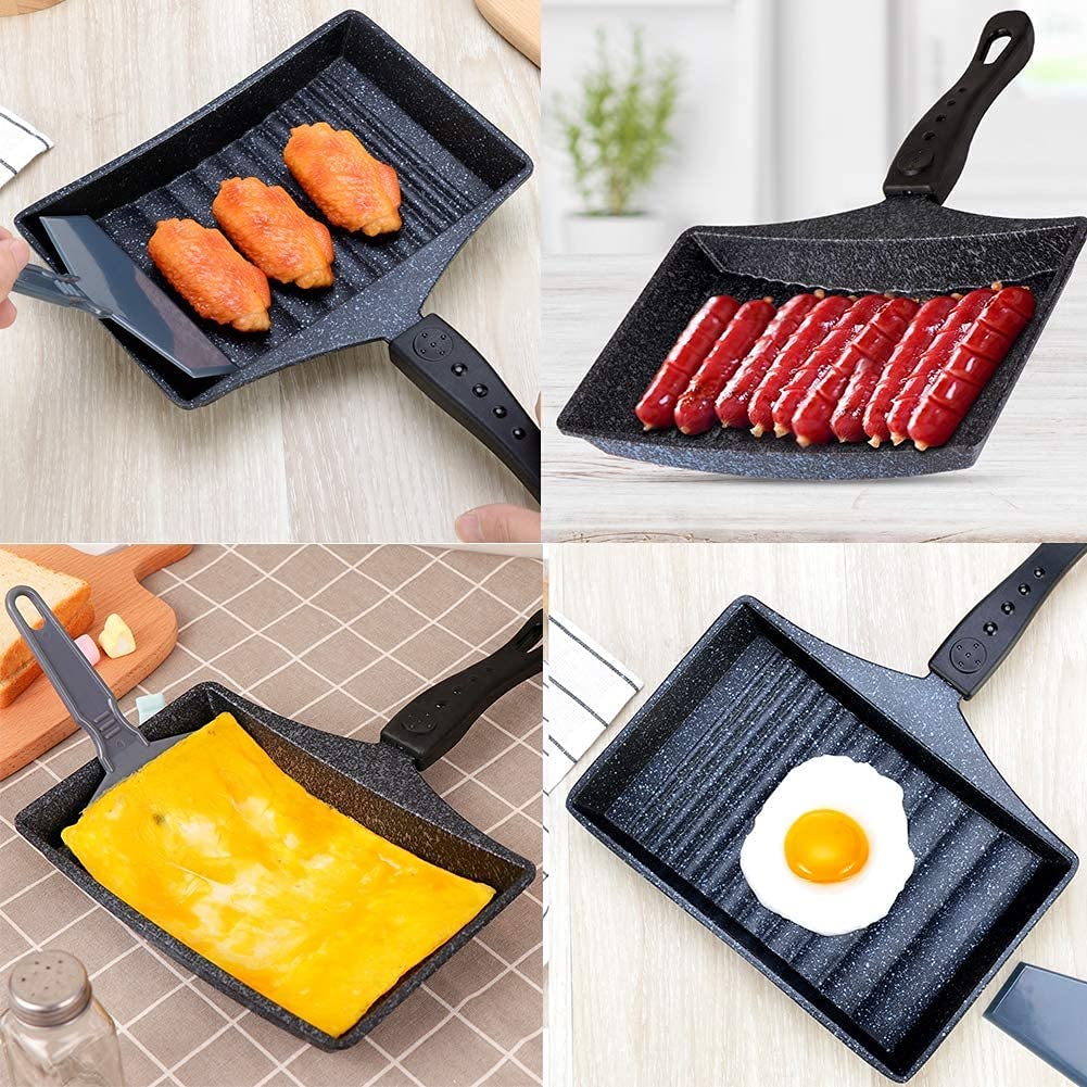 Tamagoyaki Frying Pan Non-Stick Fry Tamago Pan Wave Bottom Maifanite Stone Egg Roll Pan, for Omelette, Japanese Snacks, Black