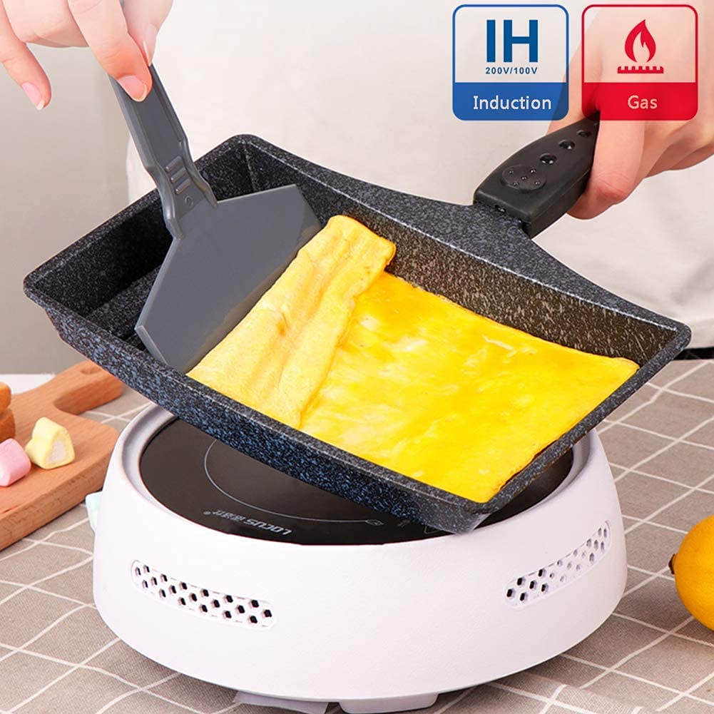 Tamagoyaki Frying Pan Non-Stick Fry Tamago Pan Wave Bottom Maifanite Stone Egg Roll Pan, for Omelette, Japanese Snacks, Black