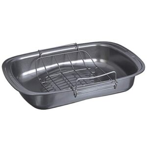 goodcook quick roaster pan and locking rack, with juice gathering pools for easier, safer, faster basting, 17x12x3 inches, grey