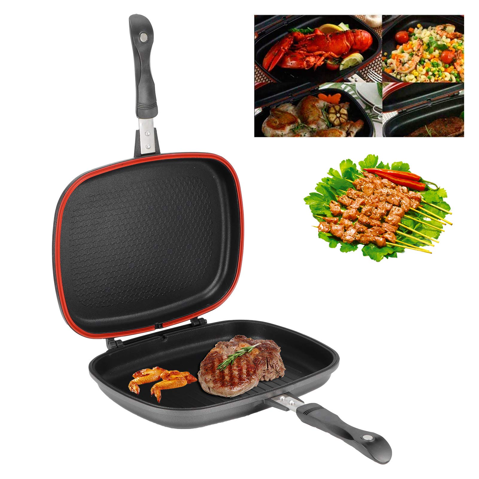 RBSD Double-sided Frying Pan, 32cm/12.6in BBQ Grill Pan, Double Side Pressure Cooking Grill Pan, Portable Grill Pot for Home Cooking, Anti‑Burn Handle, Grill Cookware Kitchen Supplies