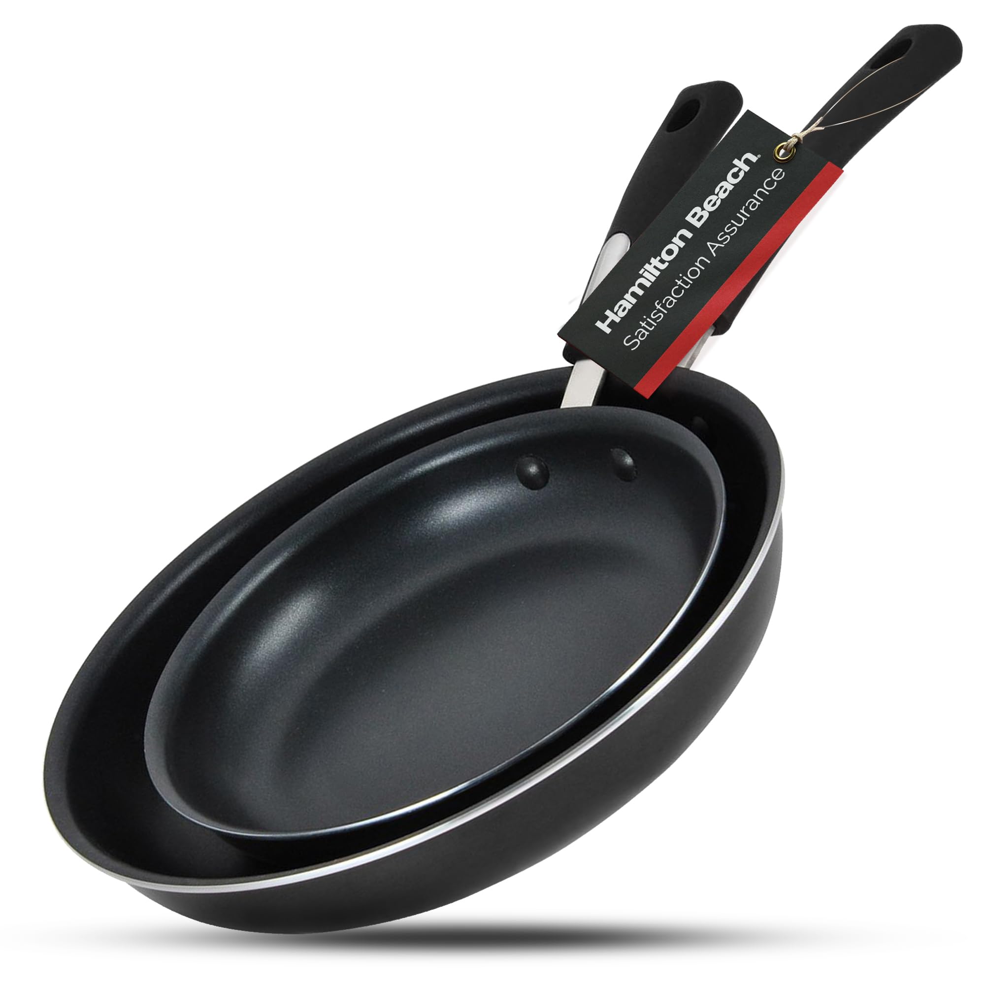 Hamilton Beach Nonstick Interior Aluminum Fry Pan Set - Spiral Bottom - Flared Edge and Scratch Resistant Pan - Soft Touch Bakelite Handle, Suitable for Kitchen Pans, Dishwasher Safe| 2pc Black |