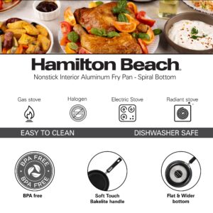 Hamilton Beach Nonstick Interior Aluminum Fry Pan Set - Spiral Bottom - Flared Edge and Scratch Resistant Pan - Soft Touch Bakelite Handle, Suitable for Kitchen Pans, Dishwasher Safe| 2pc Black |