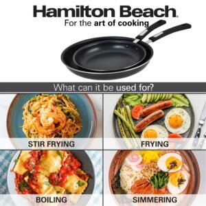 Hamilton Beach Nonstick Interior Aluminum Fry Pan Set - Spiral Bottom - Flared Edge and Scratch Resistant Pan - Soft Touch Bakelite Handle, Suitable for Kitchen Pans, Dishwasher Safe| 2pc Black |