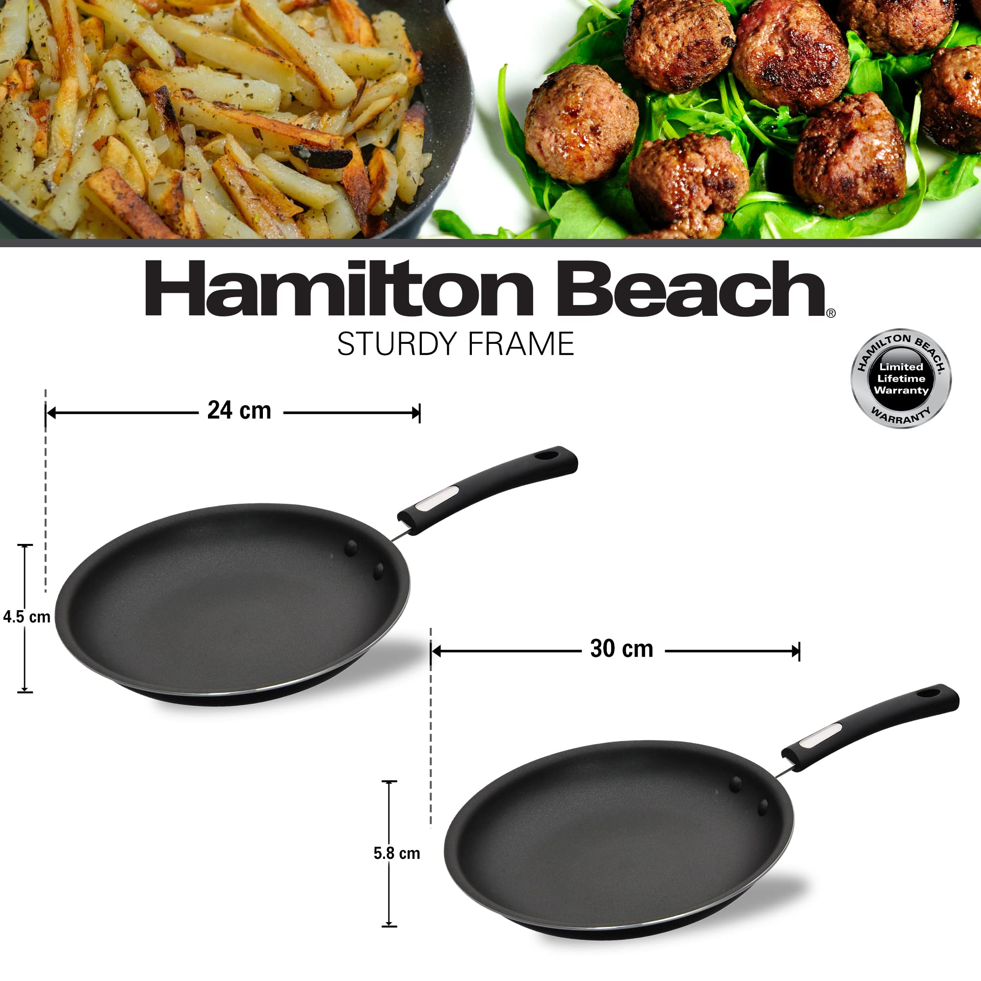 Hamilton Beach Nonstick Interior Aluminum Fry Pan Set - Spiral Bottom - Flared Edge and Scratch Resistant Pan - Soft Touch Bakelite Handle, Suitable for Kitchen Pans, Dishwasher Safe| 2pc Black |